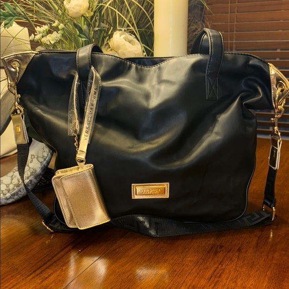 Versace | Bags | Versace Parfums Black Faux Leather Tote Weekender Bag ...